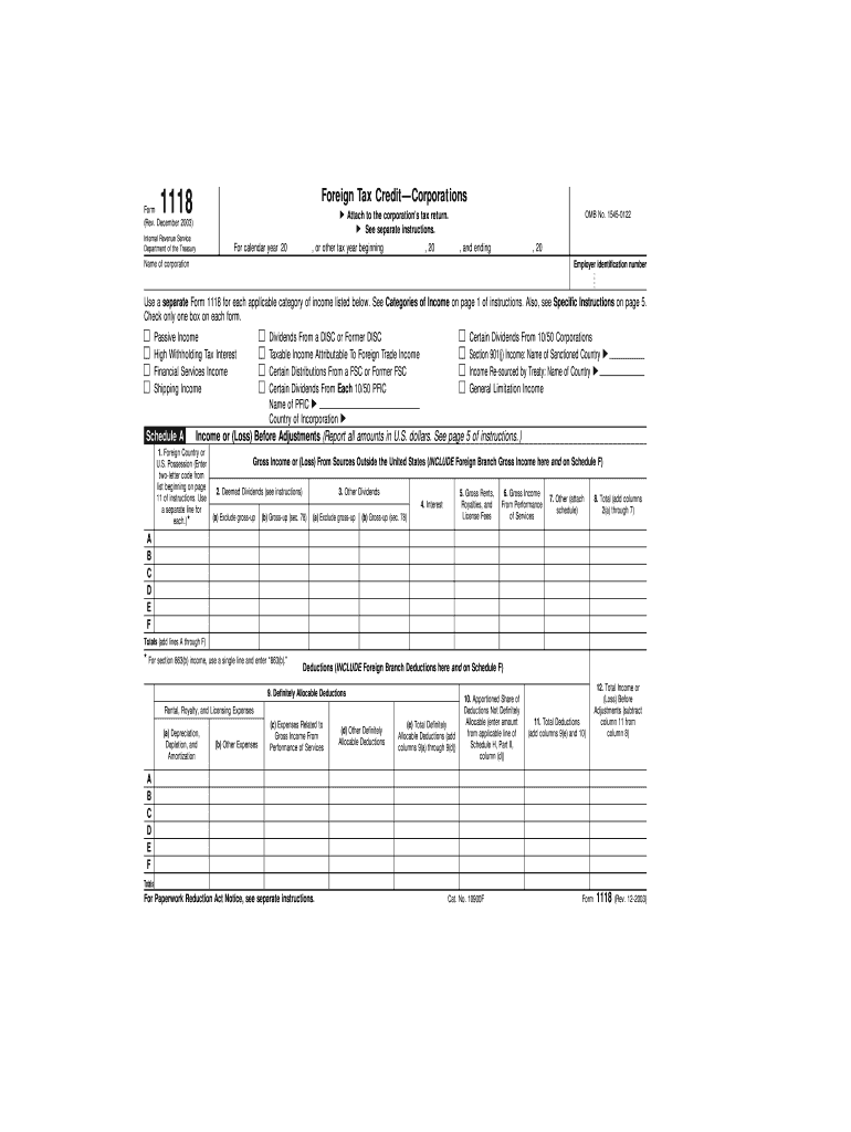 December 1118 for Calendar Year 20 Foreign Tax Credit Corporations ...
