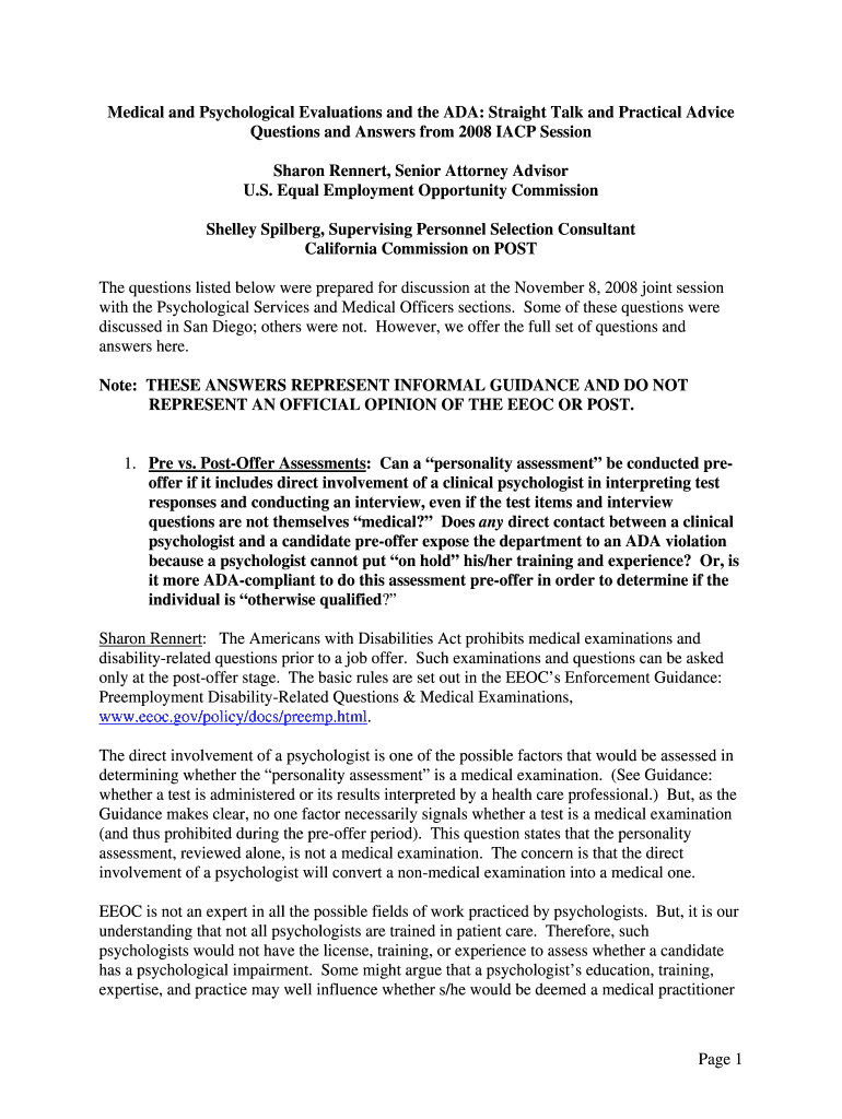 Medical and Psychological Evaluations and the ADA Straight Talk and ...