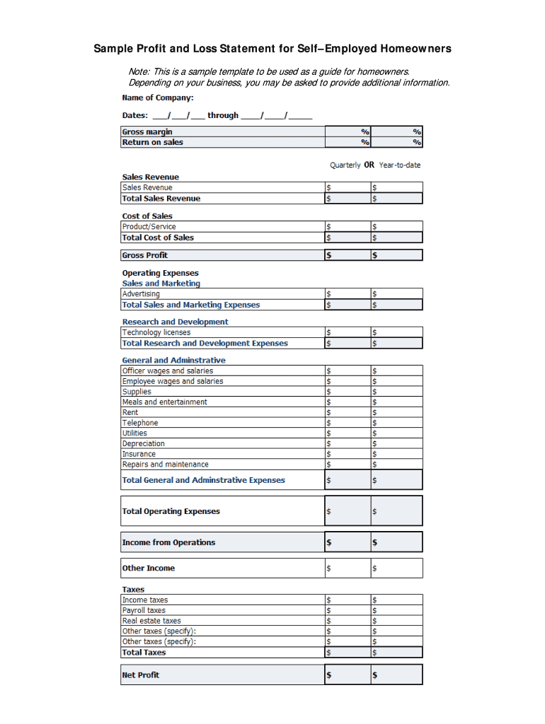Fillable Profit And Loss Statement For Self Employed Form Fill Out 