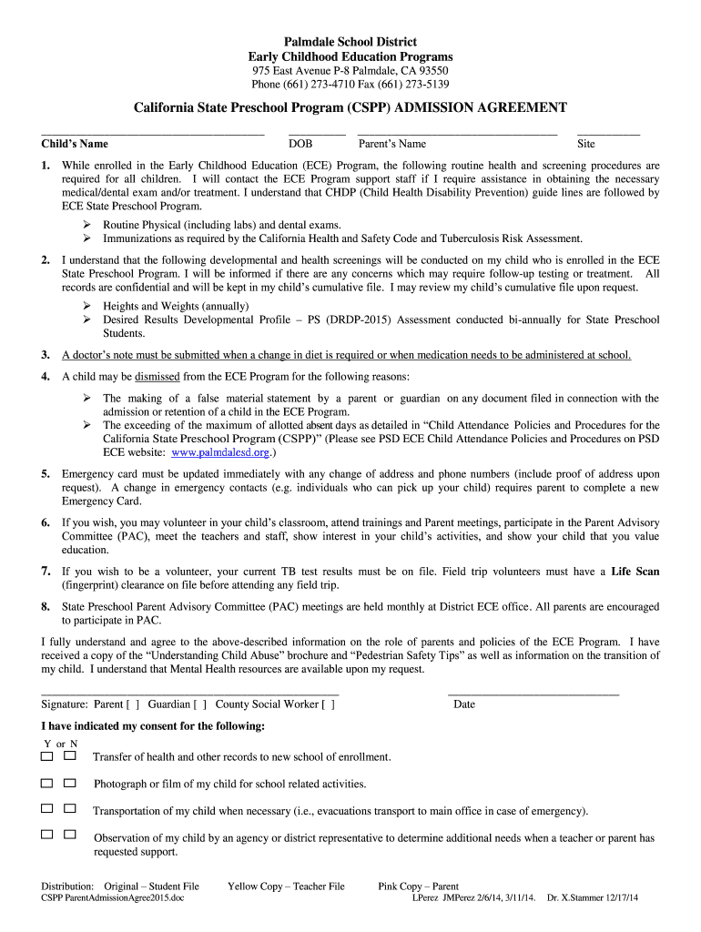 California State Preschool Program CSPP ADMISSION AGREEMENT Palmdalesd California State Preschool Program CSPP ADMISSION AGREEMENT Palmdalesd