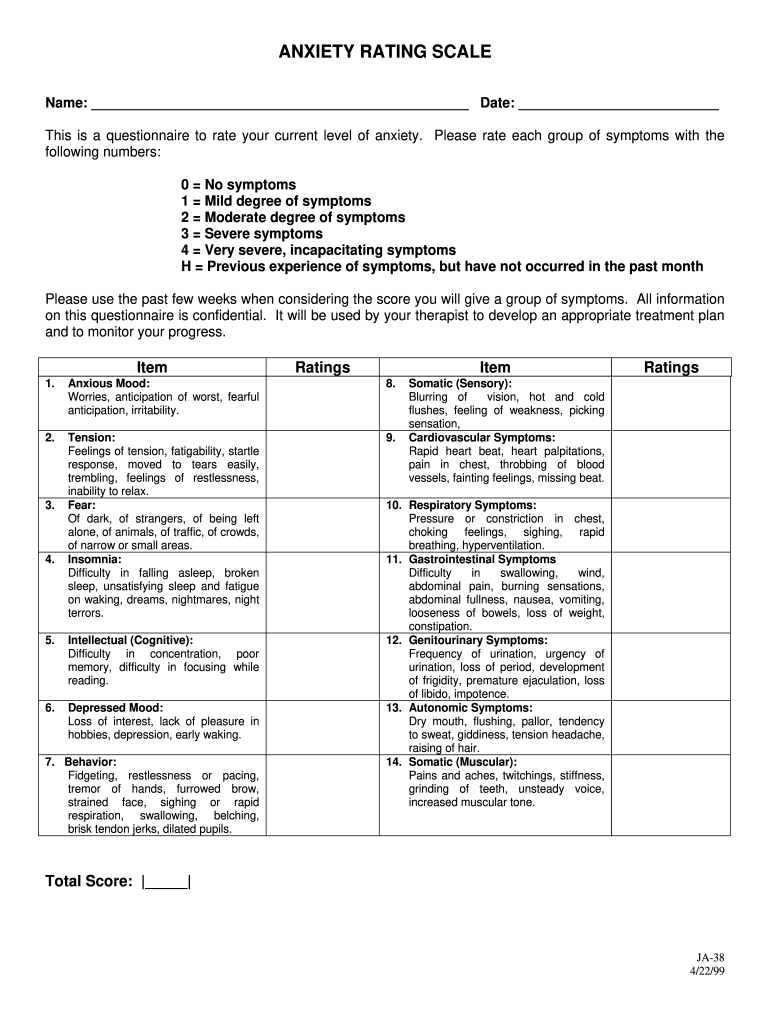 Anxiety Scale 1 10 1999 2024 Form Fill Out And Sign Printable PDF
