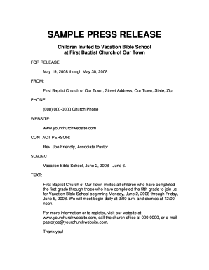 Sample VBS Press Release Vacation Bible School Press Release form ...