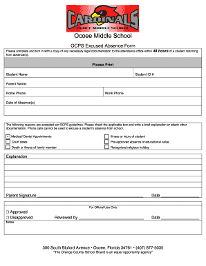 OCPS Excused Absence Form - Orange County Public Schools - ocps - Fill Out and Sign Printable ...