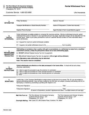Partial Withdrawal Form Life Insurance - Penn Mutual Life - Fill Out ...