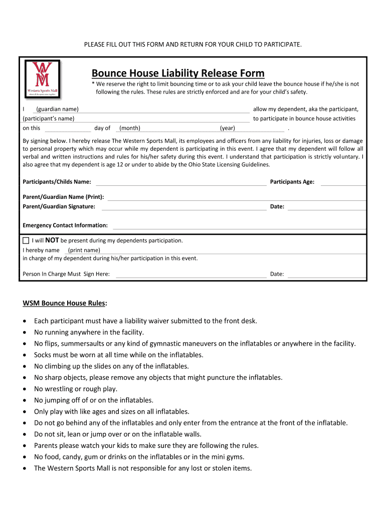 Free Printable Bounce House Waiver Printable Word Searches