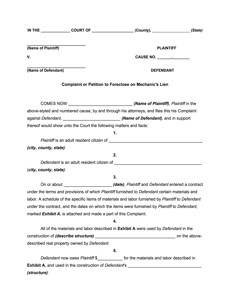 Legal Form Complaint To Foreclose A Mechanic s Lien Fill Out And Sign