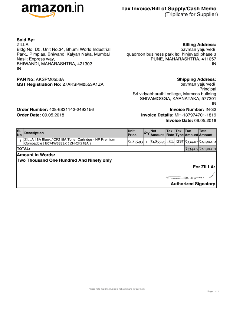 Tax InvoiceBill Of SupplyCash Memo Triplicate For Supplier Form Fill
