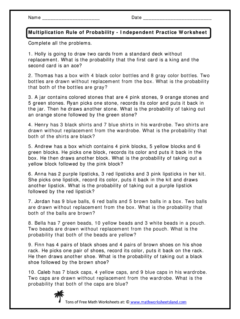 Multiplication Rule Of Probability Independent Practice Worksheet Multiplication Rule Of Probability Independent Practice Worksheet