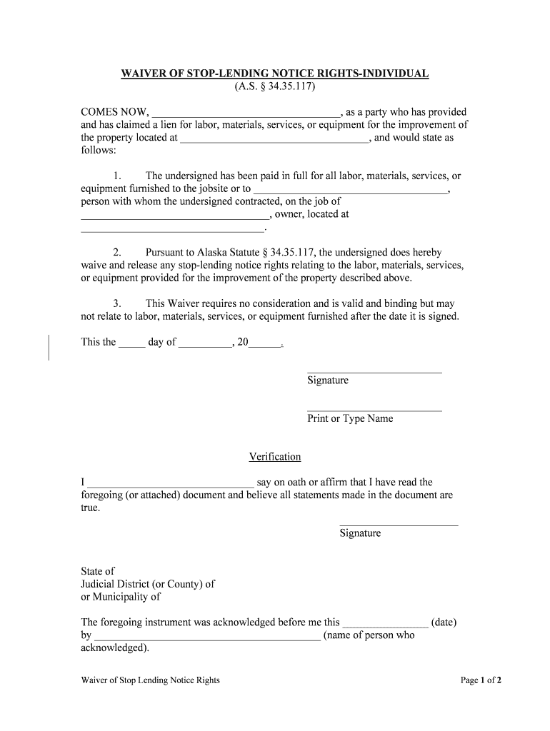 WAIVER Of STOP LENDING NOTICE RIGHTS INDIVIDUAL Form Fill Out And