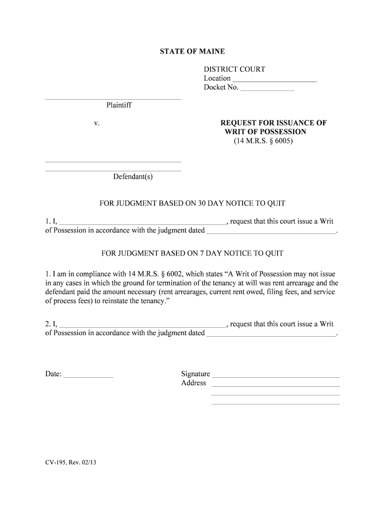 Request For Issuance Of Writ Of Possession Form Fill Out And Sign