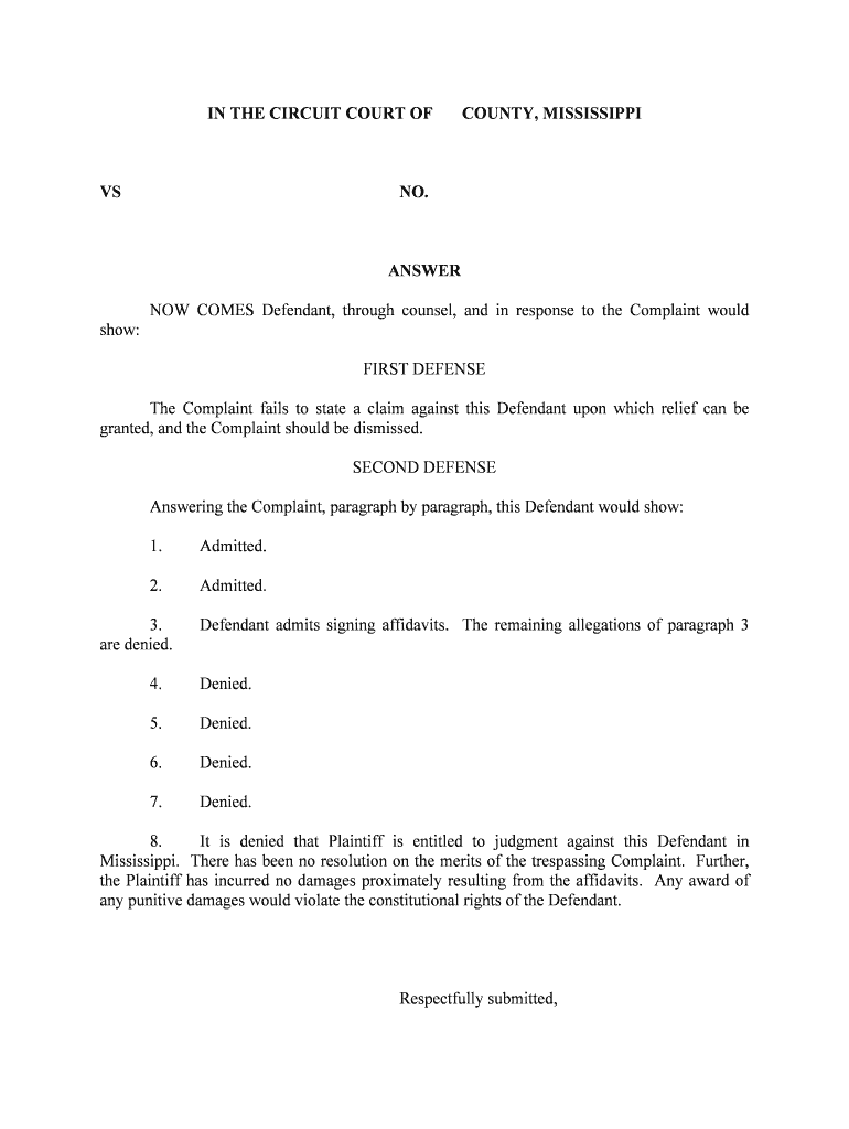 Amended Answer To Complaint And Affirmative Defenses Form Fill Out