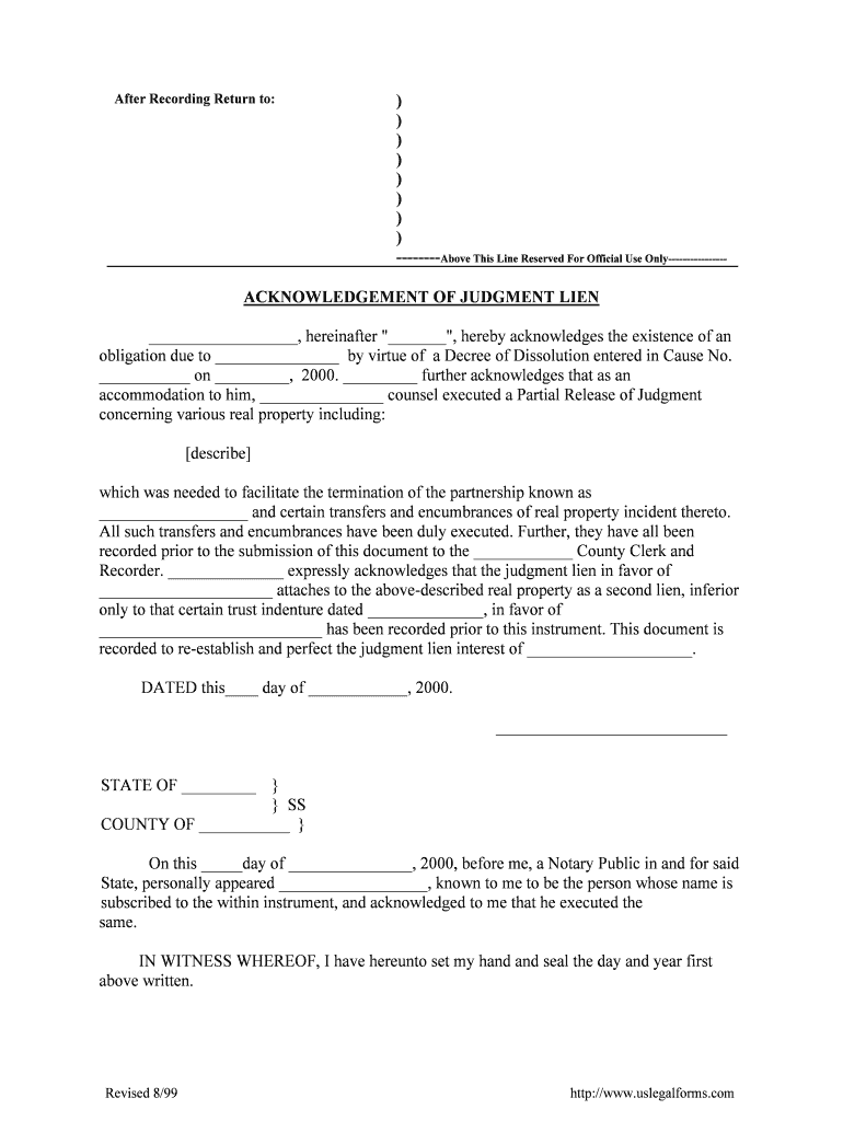 ACKNOWLEDGEMENT Of JUDGMENT LIEN Form Fill Out And Sign Printable PDF