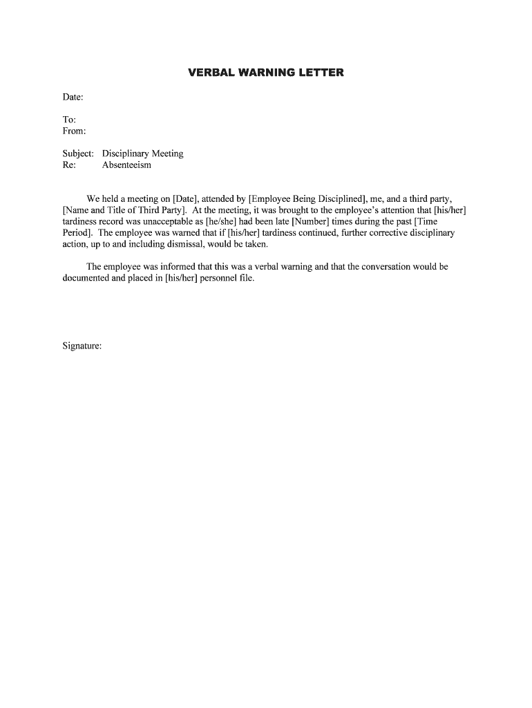 Letter Confirming Verbal Warning Discipline ABDO Form Fill Out And
