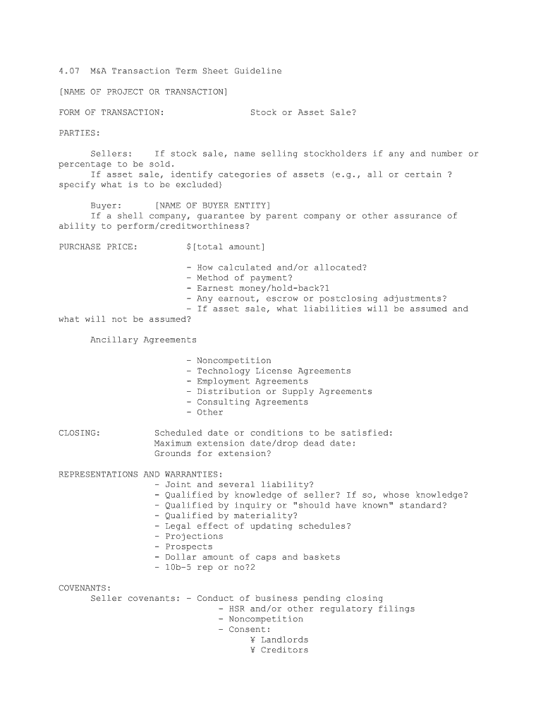 M A Transaction Term Sheet Guideline Form Fill Out And Sign Printable