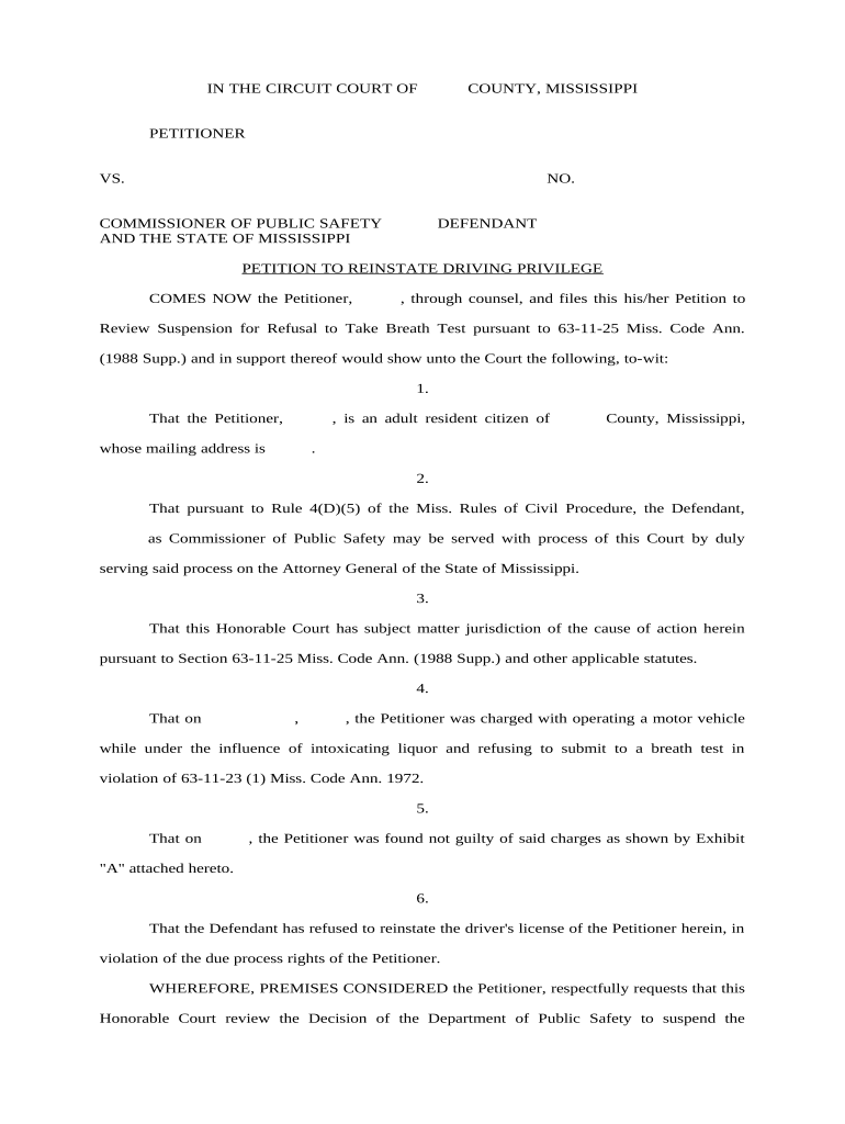 Petition To Reinstate Driving Privilege Mississippi Form Fill Out And