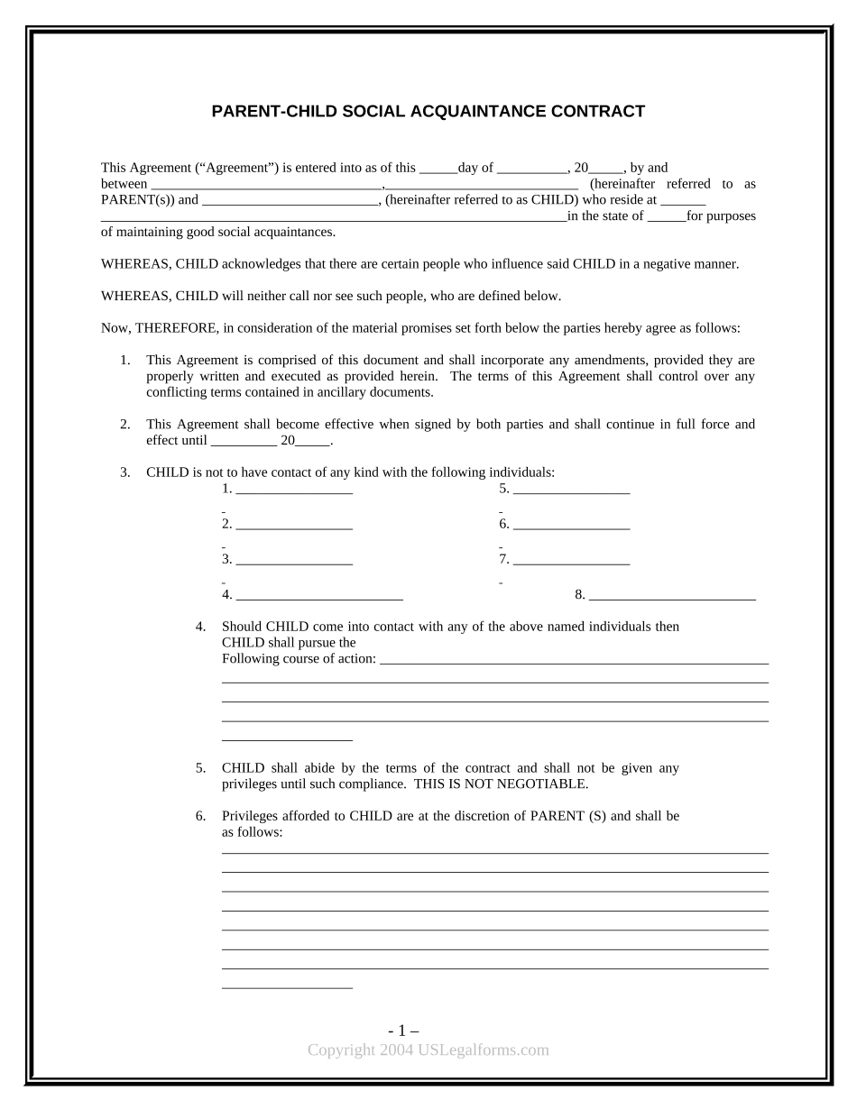 Parent Child Social Acquaintance Contract Form - Fill Out and Sign ...
