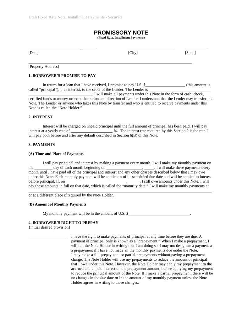 Utah Installments Fixed Rate Promissory Note Secured By Residential Utah Installments Fixed Rate Promissory Note Secured By Residential