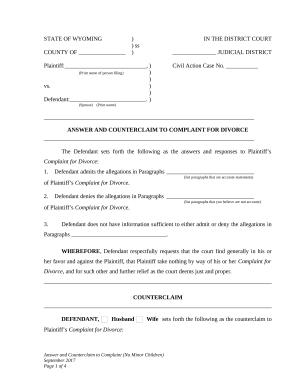 Answer and Counterclaim to Complaint for Divorce Wyoming Form - Fill ...