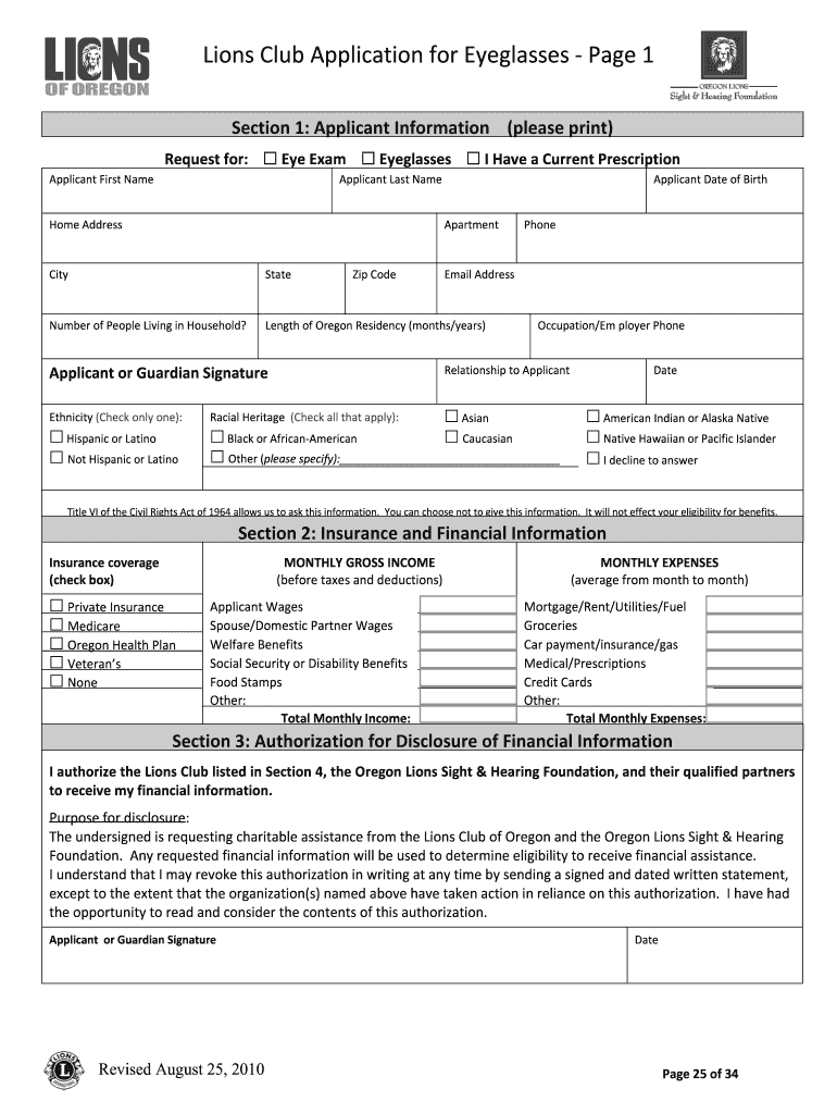 Lions Club Application For Eyeglasses Form - Fill Out and Sign ...