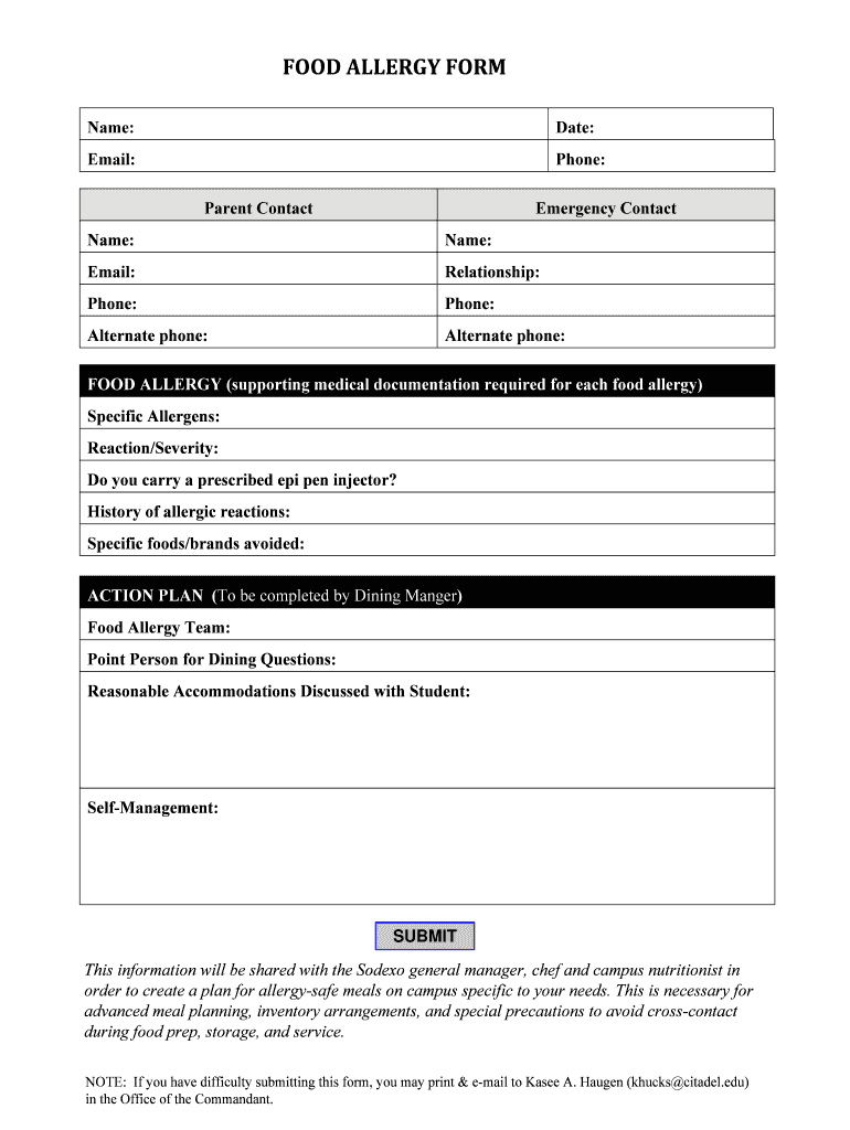 Printable Food Allergy Form Template Printable Forms Free Online