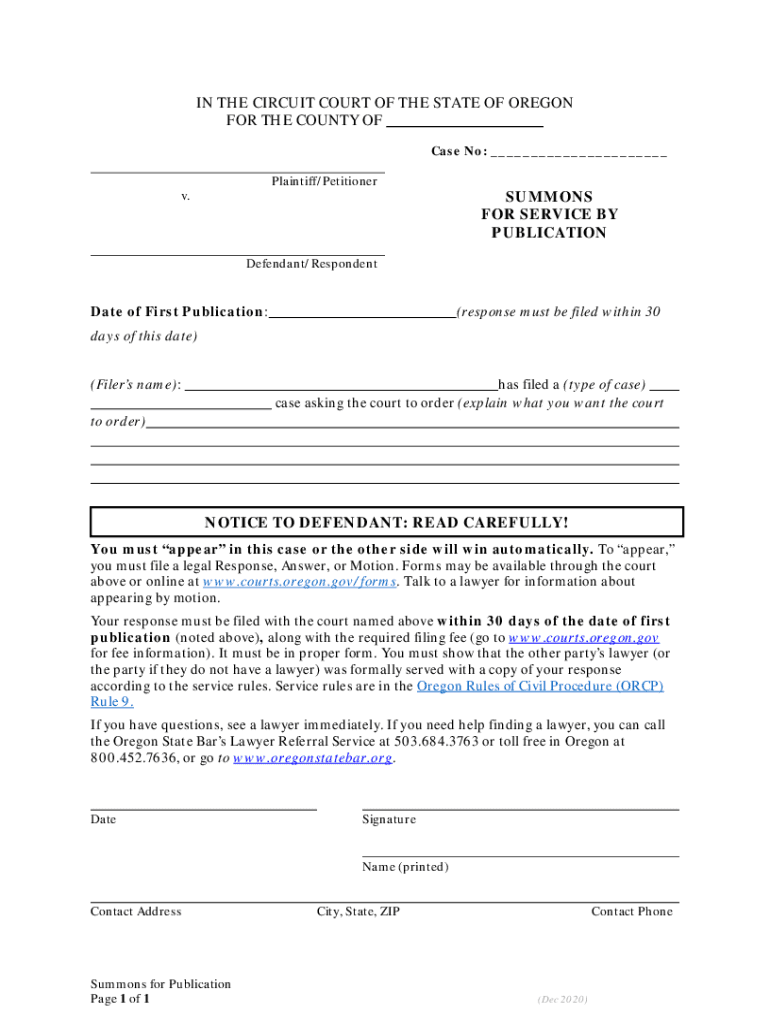 Oregon Civil Summons 2020 2024 Form Fill Out And Sign Printable PDF