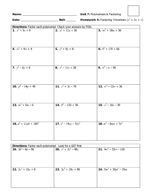 Factoring Trinomials Of The Form Ax2 Bx C Where A 1 Worksheet Unit 7