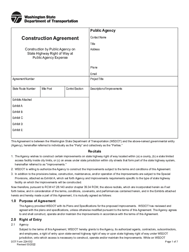 DOT Form 224 032 Construction Agreement Wsdot WA Gov Fill Out And