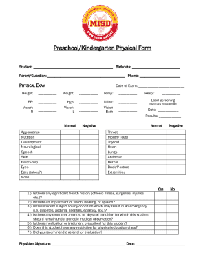 Kindergarten Health Assessment Form