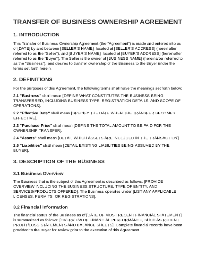Transfer Of Business Ownership Agreement Template Form Fill Out And