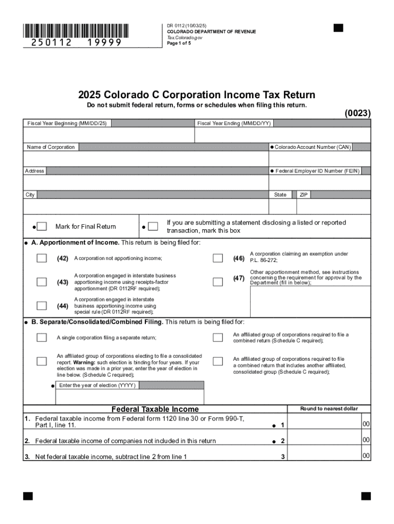 DR 0112 Colorado C Corporation Income Tax Return If You Are Using a ...